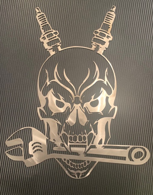 Mechanics Skull with Spark Plugs and Wrench – Metal By Rhody
